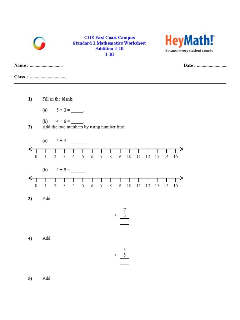 GIIS East Coast Campus Standard 1 Mathematics Worksheet Addition-1-10 1 ...
