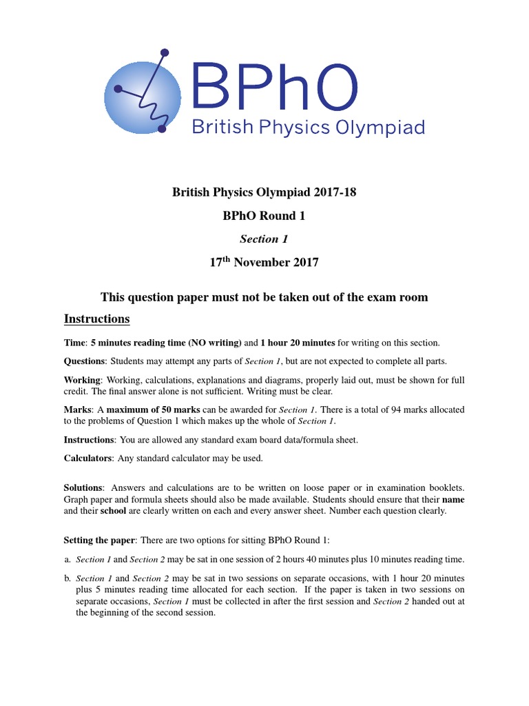 BPhO Round 1 2017-2018 S1 | PDF | Acceleration | Refractive Index