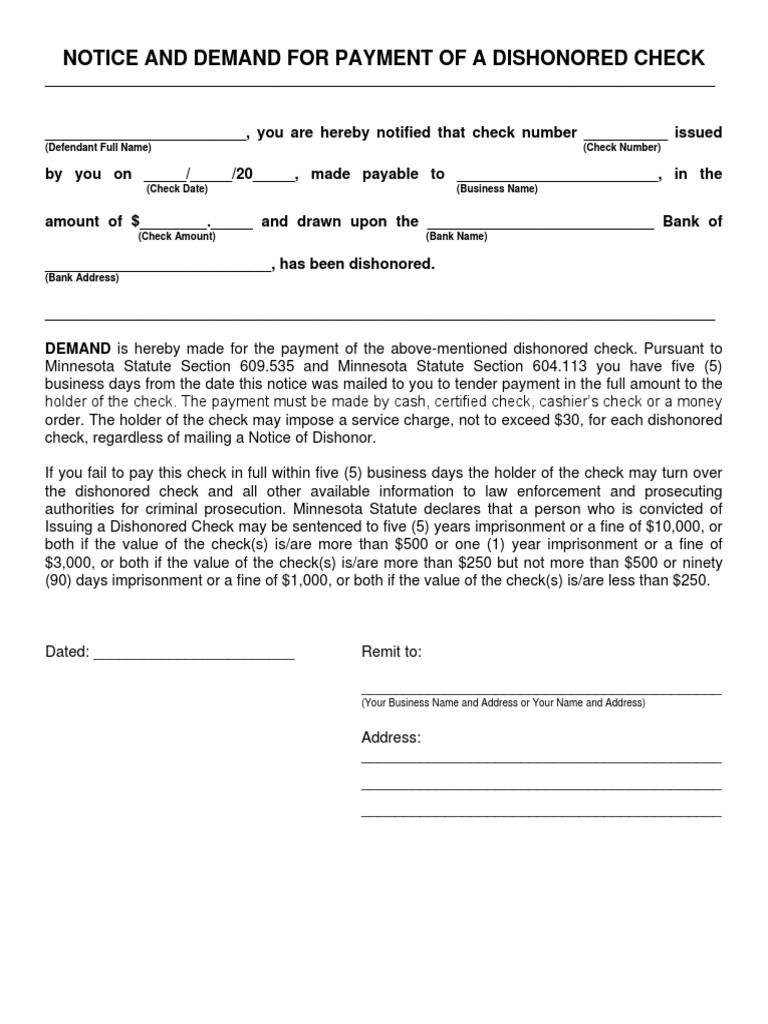 Sample Notice and Demand For Payment of A Dishonored Check | PDF | Fine ...