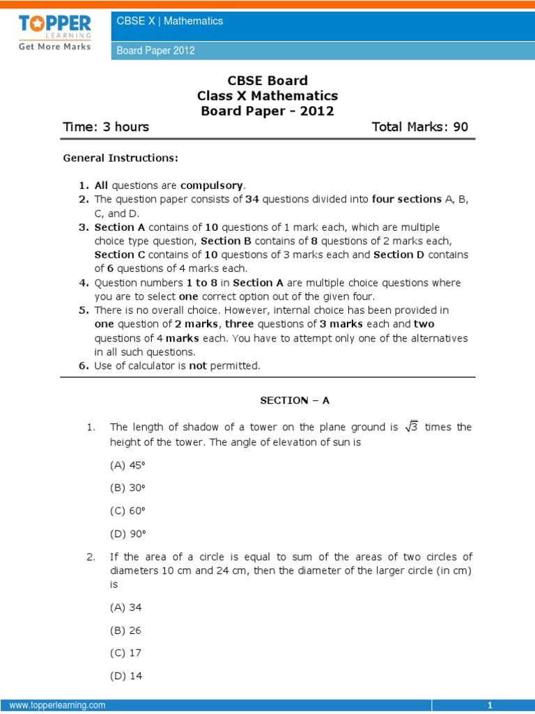 Time: 3 Hours Total Marks: 90: CBSE Board Class X Mathematics Board ...
