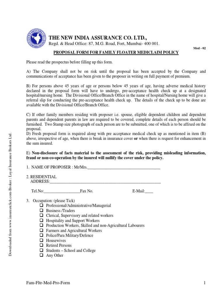 Family Floater Mediclaim Proposal Form | PDF | Medicaid | Insurance