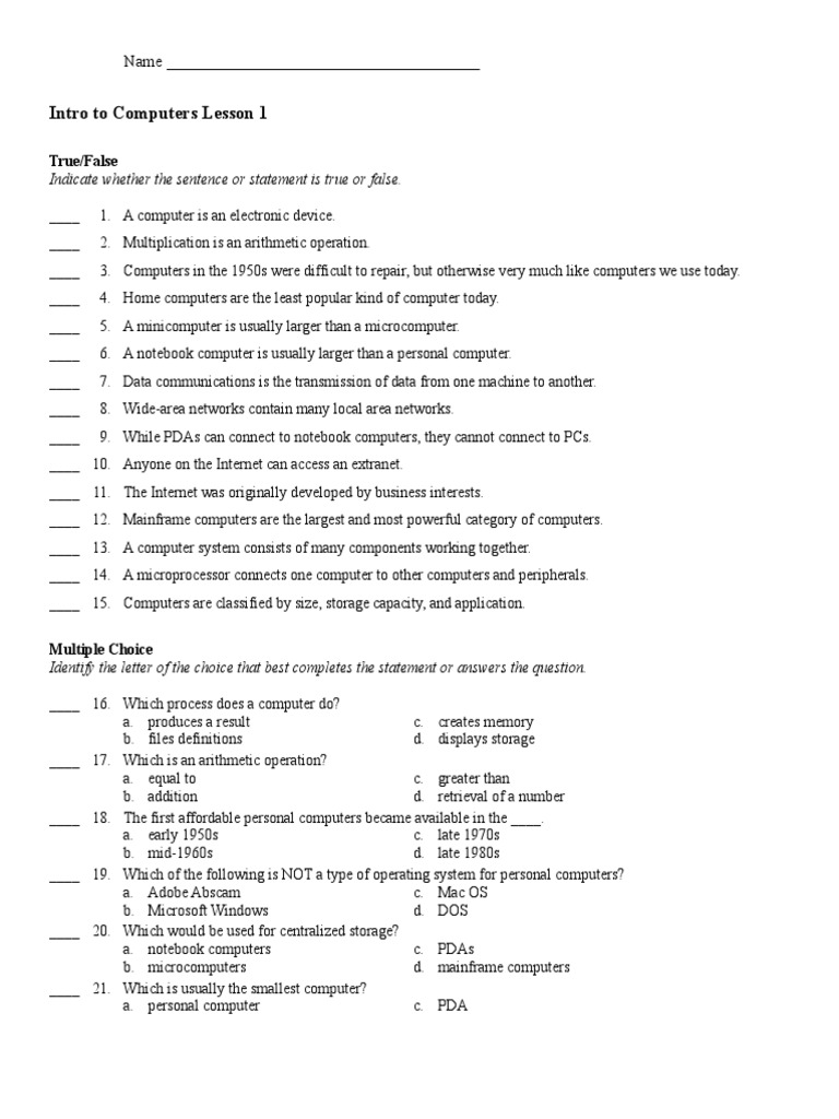 Lesson 1 Worksheet | PDF | Personal Computers | Personal Digital Assistant