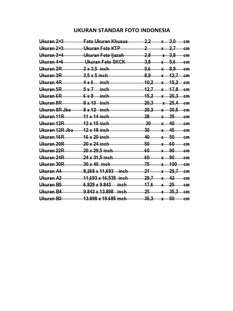 Ukuran Standar Foto Indonesia | PDF