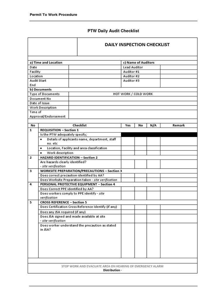 Sample - PTW Daily Inspection Checklist | PDF | Finance & Money ...