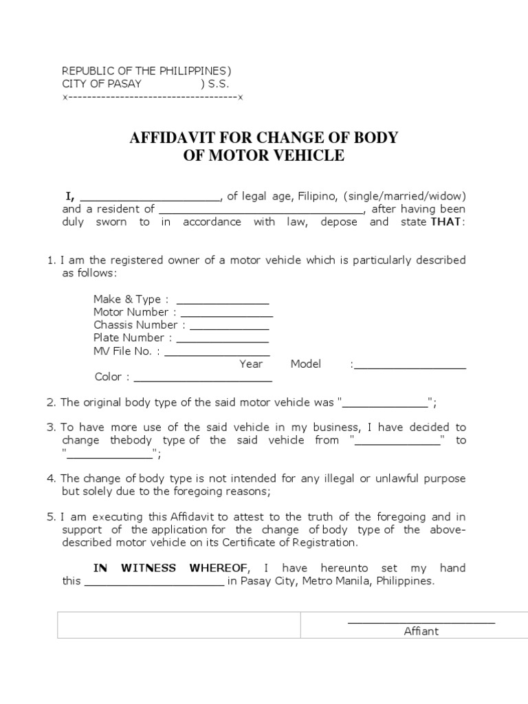 Affidavit For Change of Body of Motor Vehicle | PDF