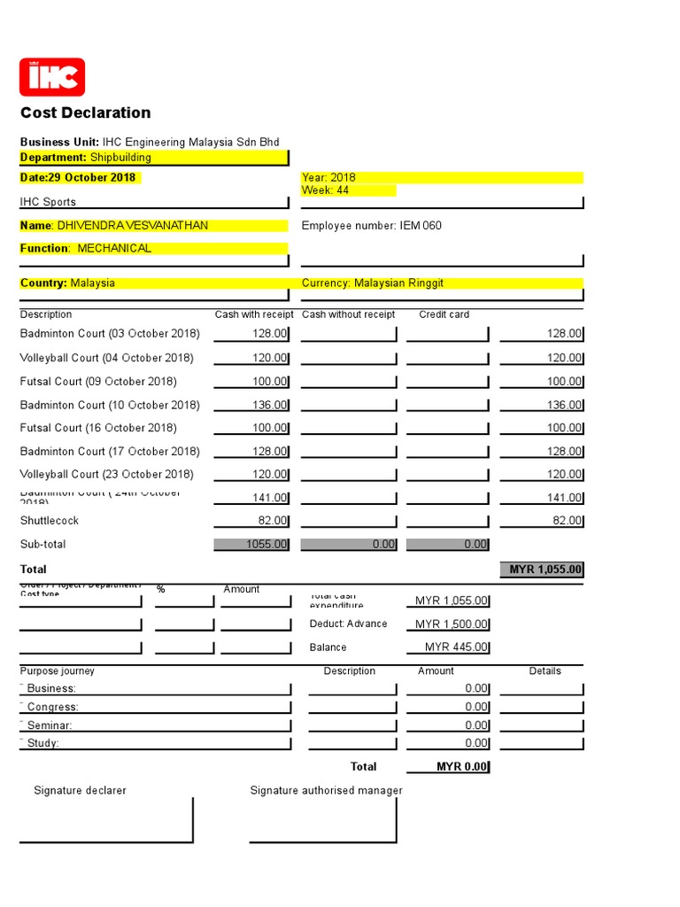 Cost Declaration: Business Unit: IHC Engineering Malaysia SDN BHD ...
