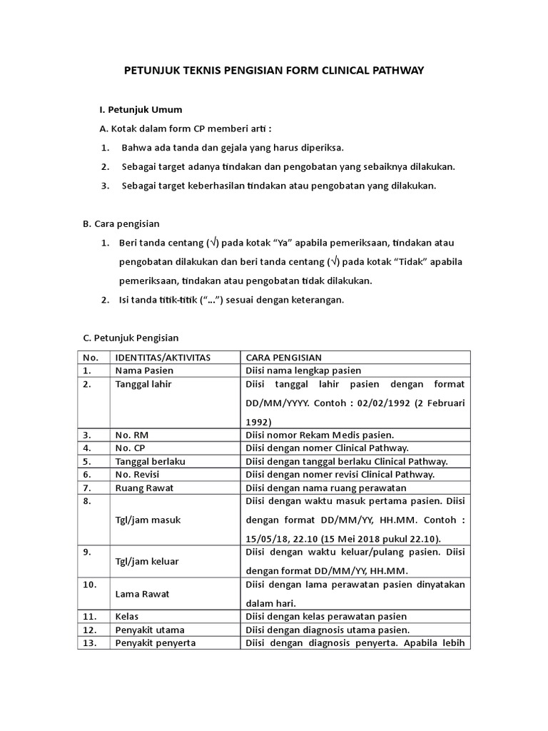 Petunjuk Teknis Pengisian Form Clinical Pathway | PDF