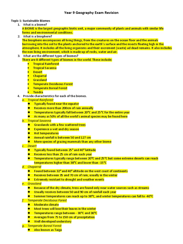 Year 9 Geography: Sustainable Biomes Review | PDF | Forests | Rain
