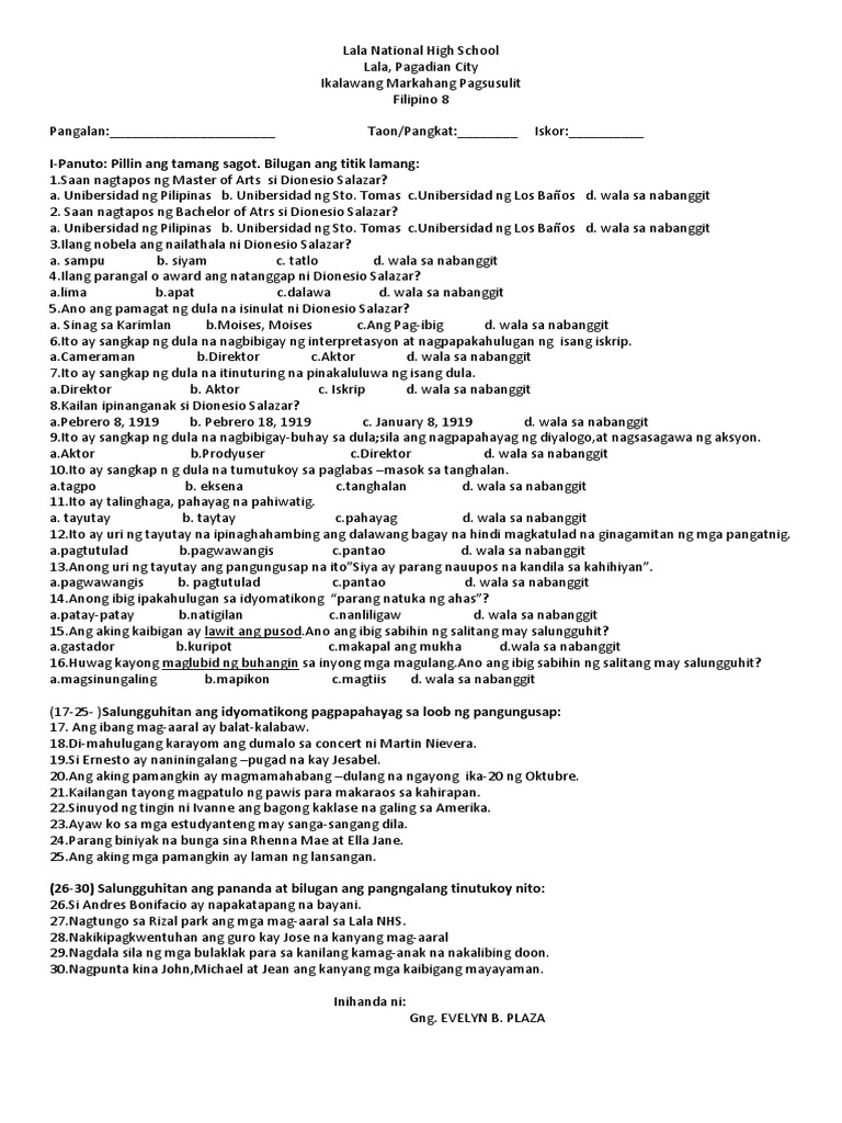 Ikalawang Markahang Pagsusulit - Filipino 8 | PDF