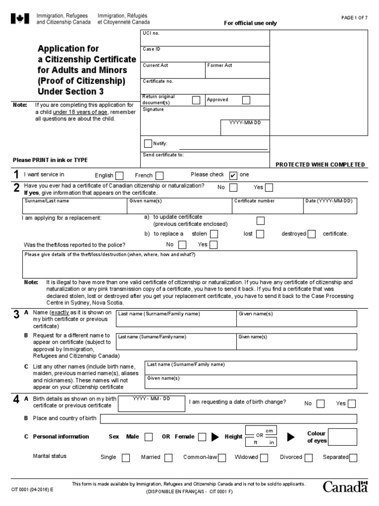 CIT 0001 E Application for a Citizenship Certificate Proof of ...
