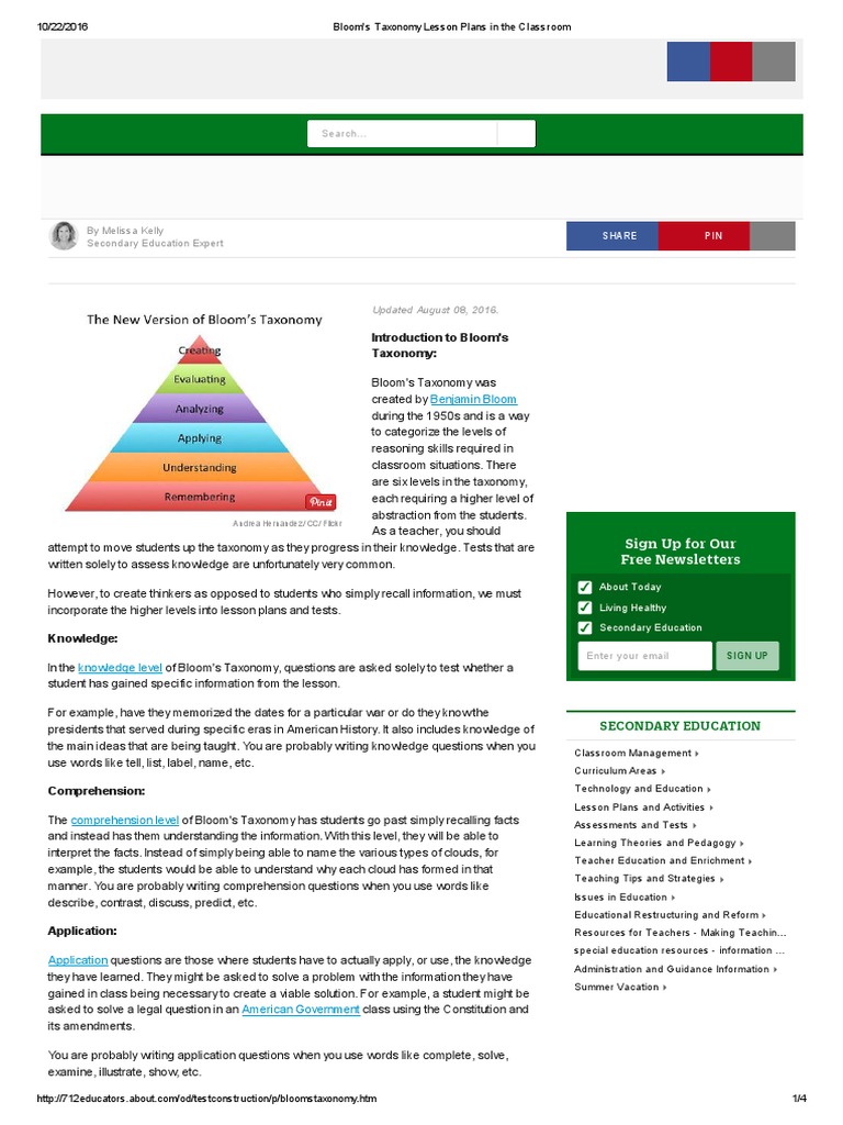 Bloom's Taxonomy Lesson Plans in The Classroom | Lesson Plan | Reading ...