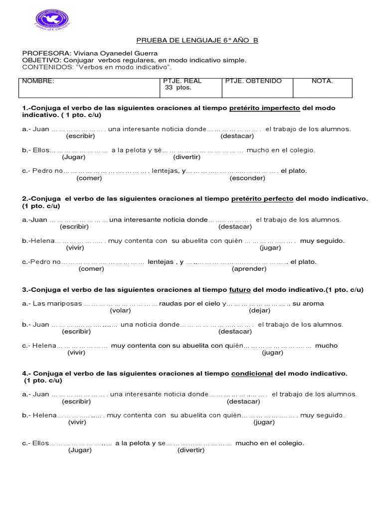 Prueba Verbos 6° | PDF | Verbo | Morfología