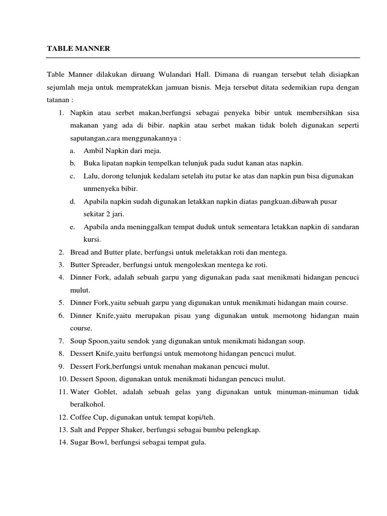 Panduan Etiket Table Manner Lengkap | PDF | Memasak, Makanan, & Anggur
