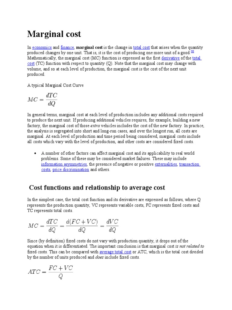 Marginal Cost: Cost Functions and Relationship To Average Cost | PDF ...