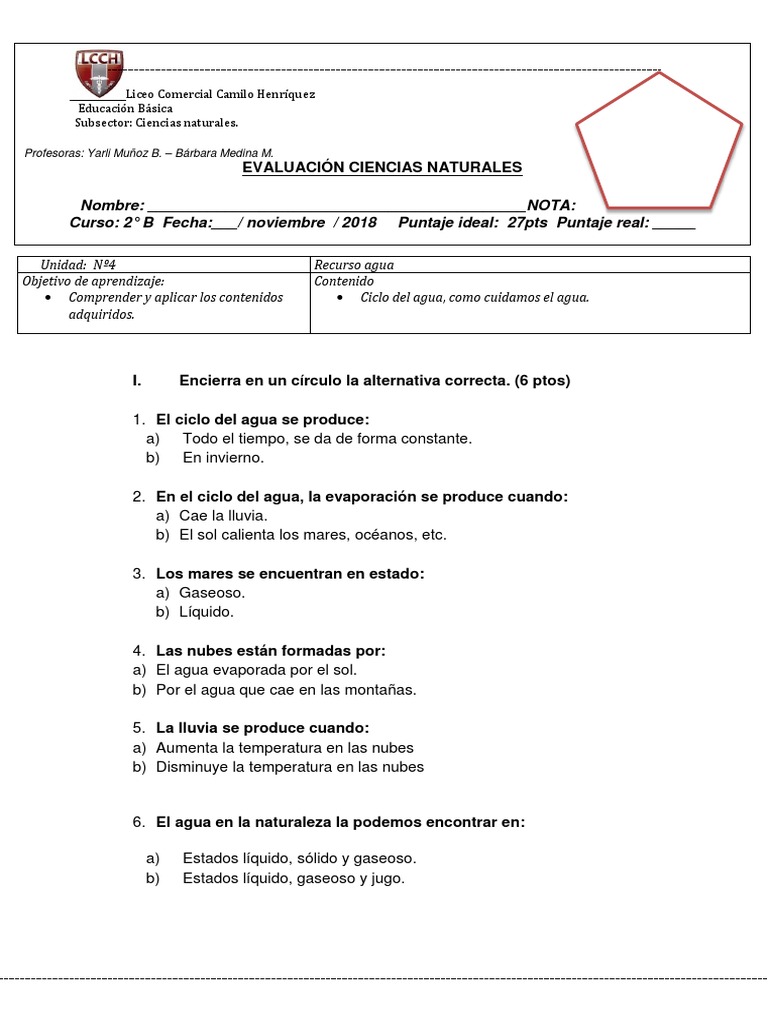 Evaluacion Ciencias Naturales Ciclo Del Agua