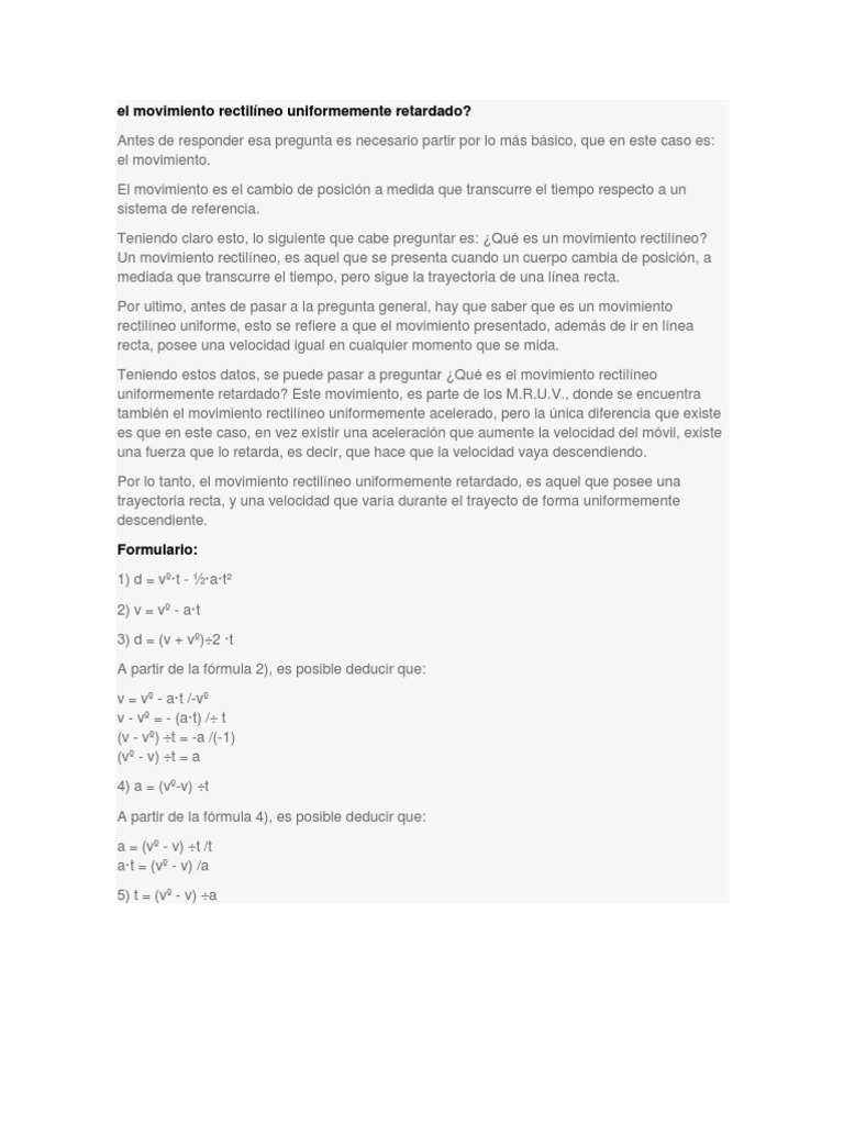 El Movimiento Rectilíneo Uniformemente Retardado | PDF | Movimiento ...