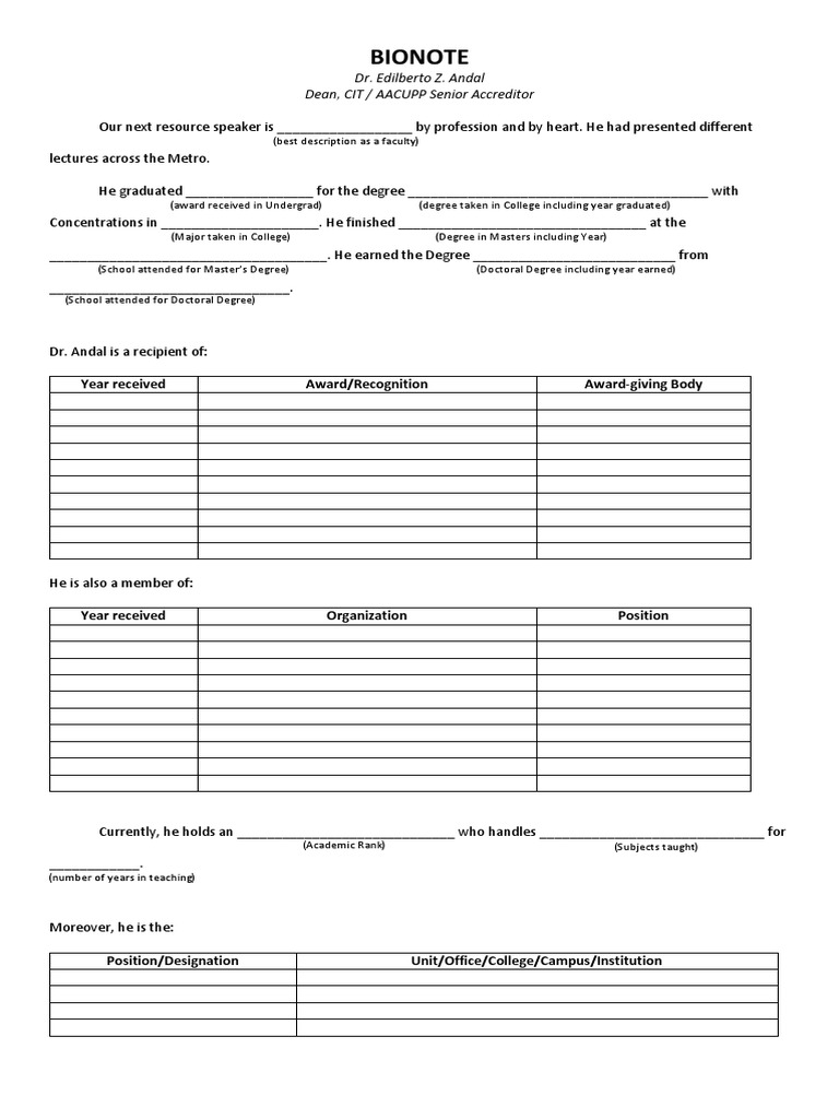 Bionote Template | PDF | Academic Degree | Doctorate