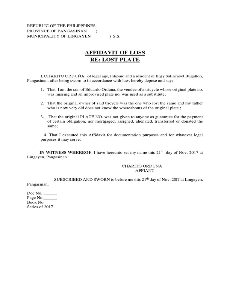 Affidavit Of Loss Plate PDF, 56% OFF | brunofuga.adv.br