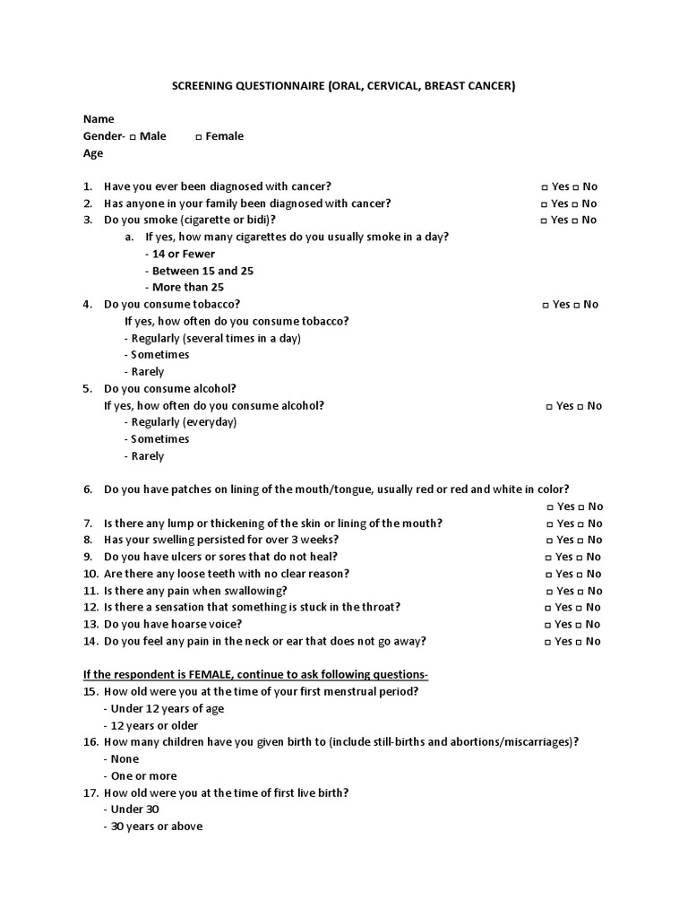 Cancer Screening Questionnaire | PDF | Sexually Transmitted Infection ...