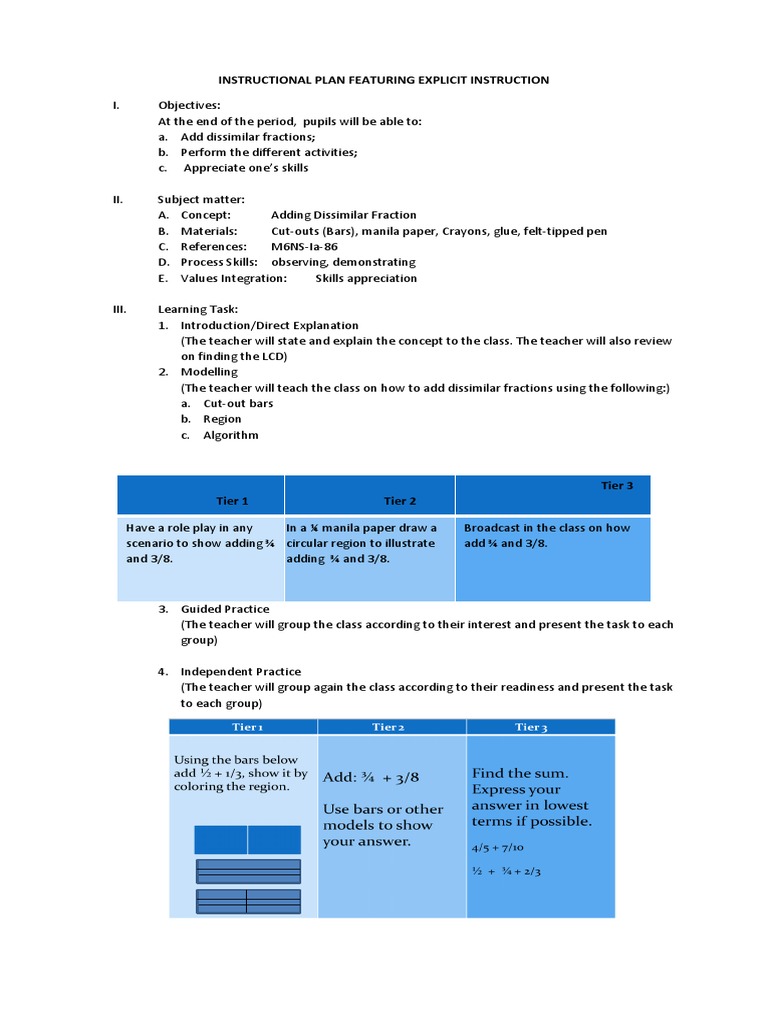 Instructional Plan Featuring Explicit Instruction | PDF | Fraction ...