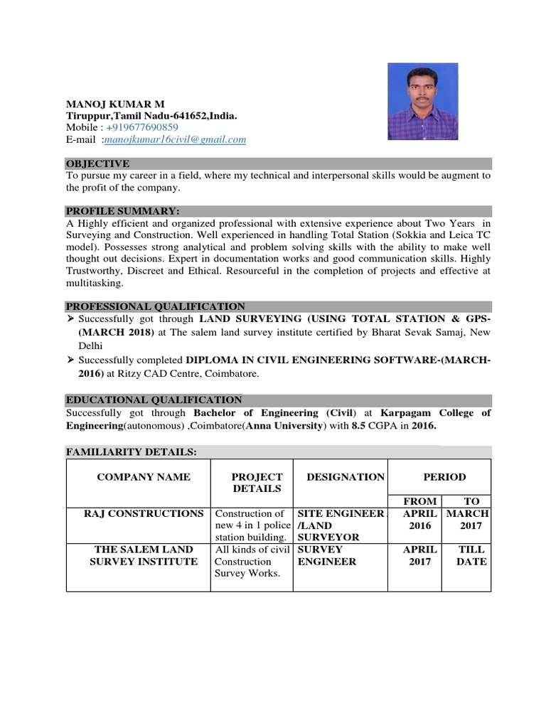 Manoj Kumar M, Resume Ls | PDF | Surveying | Topography