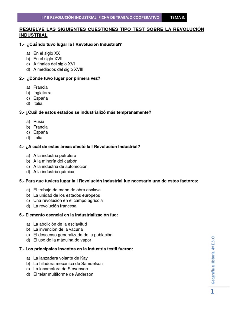 Cuestionario sobre la Revolución Industrial | PDF | Revolución ...