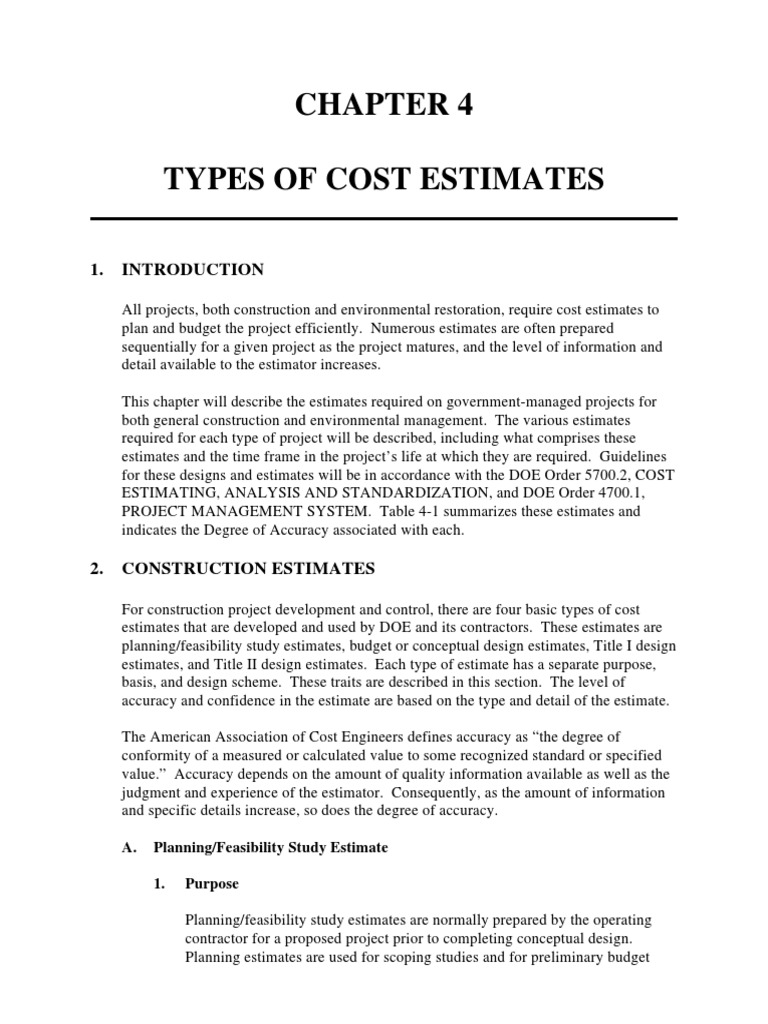 Types of Cost Estimates: A. Planning/Feasibility Study Estimate 1 ...