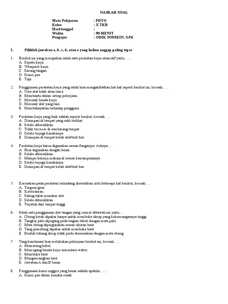 Soal Kelas X TKR PDTO | PDF