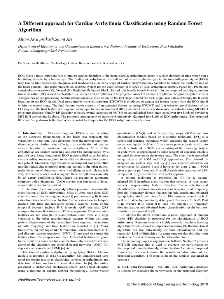 A Different Approach For Cardiac Arrhythmia Classification Using Random Forest Algorithm Pdf