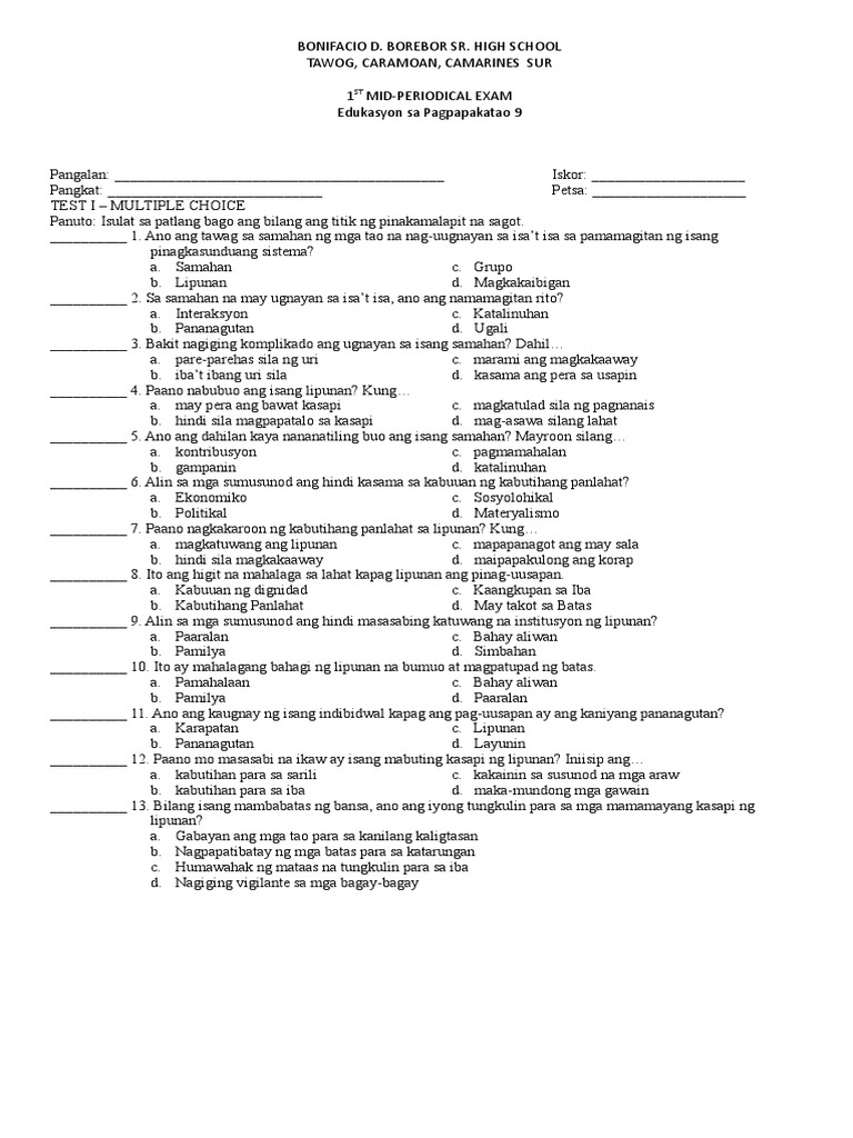 1st Mid-Periodical Exam - Esp9 | PDF