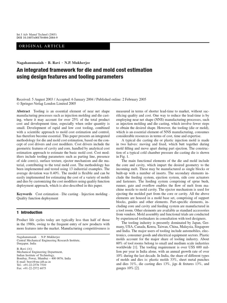 An Integrated Framework For Die and Mold Cost Estimation Using Design ...
