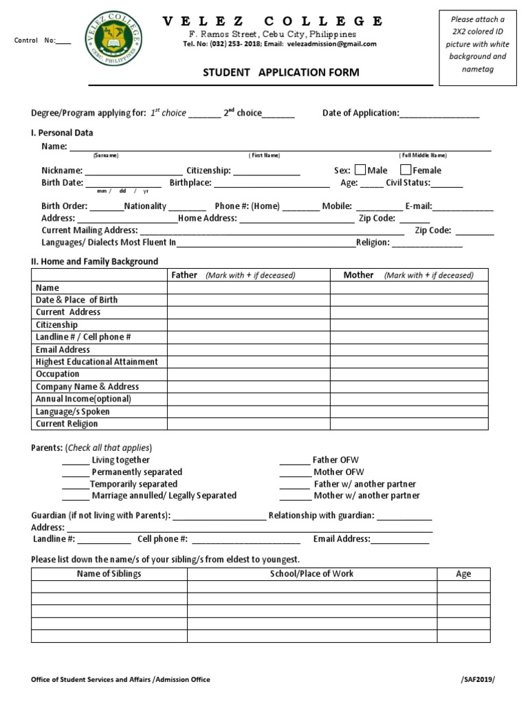 Velez College Student Application Form | PDF