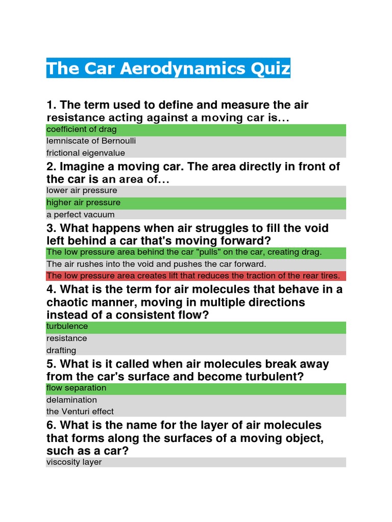 Car Aerodynamics Quiz and Answers | PDF | Drag (Physics) | Lift (Force)