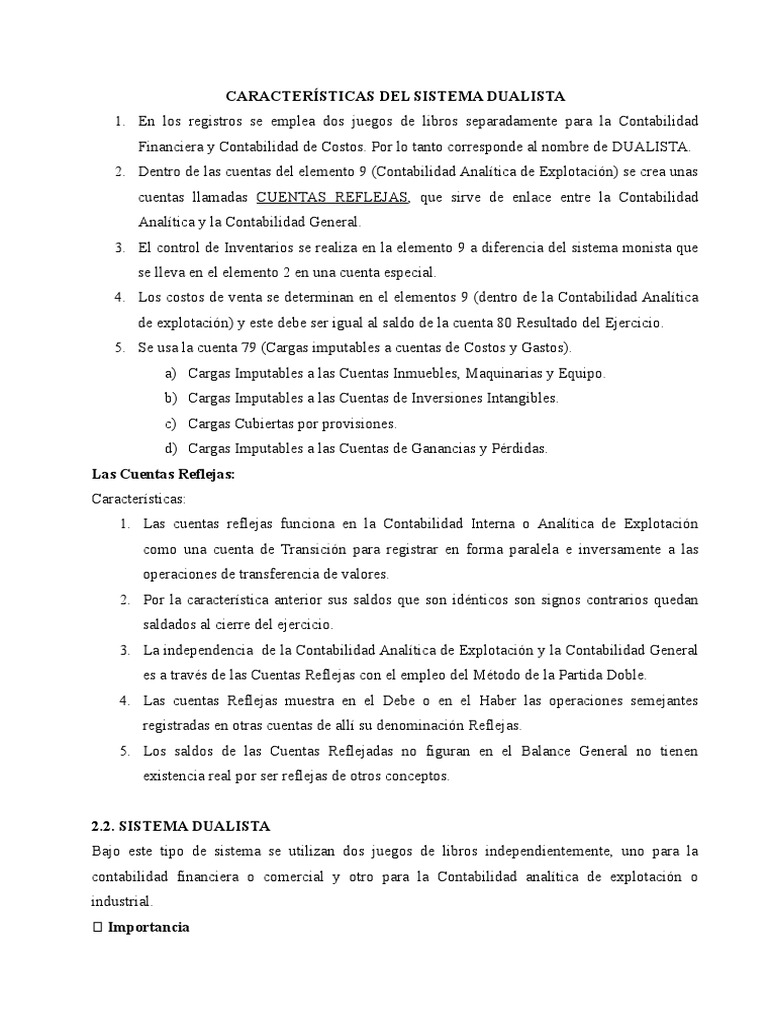 Características Del Sistema Dualista | PDF | Costo | Contabilidad