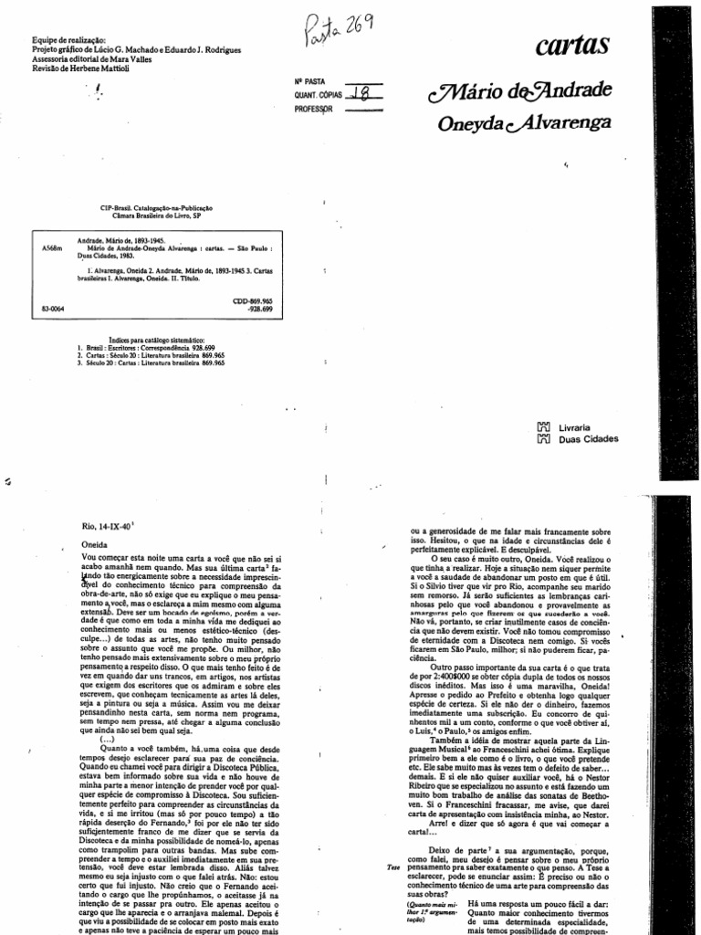 Mario de Andrade Cartas Oneyda Alvarenga | PDF
