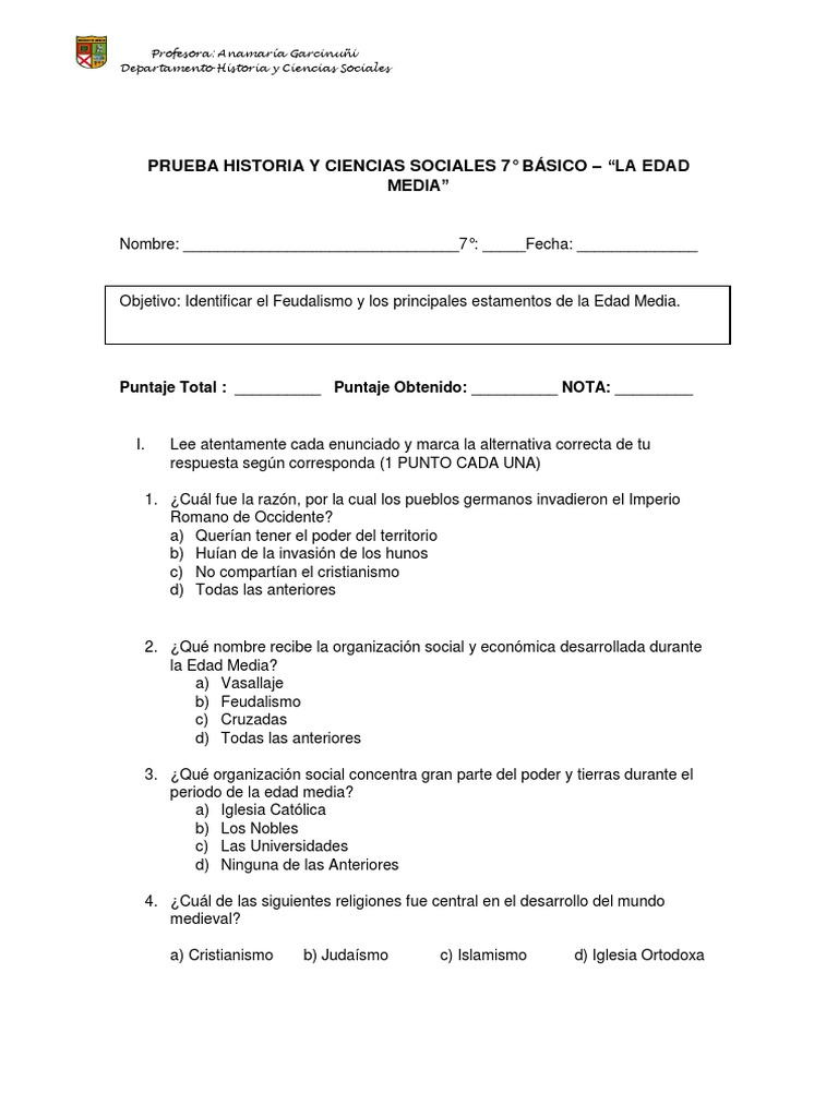 Prueba de Historia: La Edad Media 7° Básico | PDF | Edades medias ...