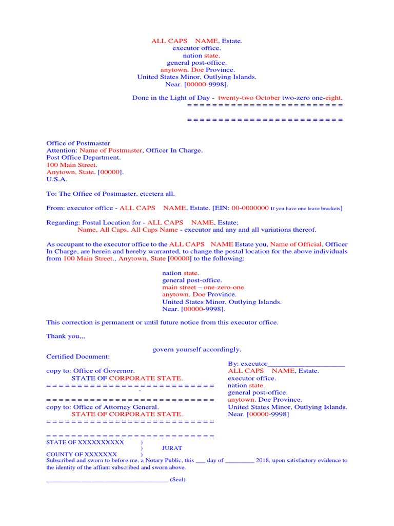 Postmaster Executor Letter Template For Legal Deception Group Copies To Certified Mail | PDF ...