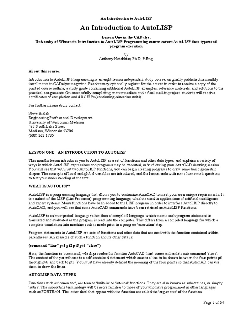 An Introduction To AutoLISP PDF | PDF | Subroutine | Command Line Interface