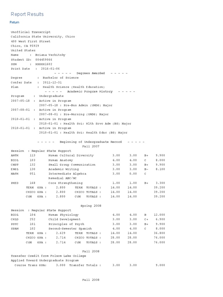 Briana Parish Unofficial Transcripts Csu Chico | Download Free PDF ...