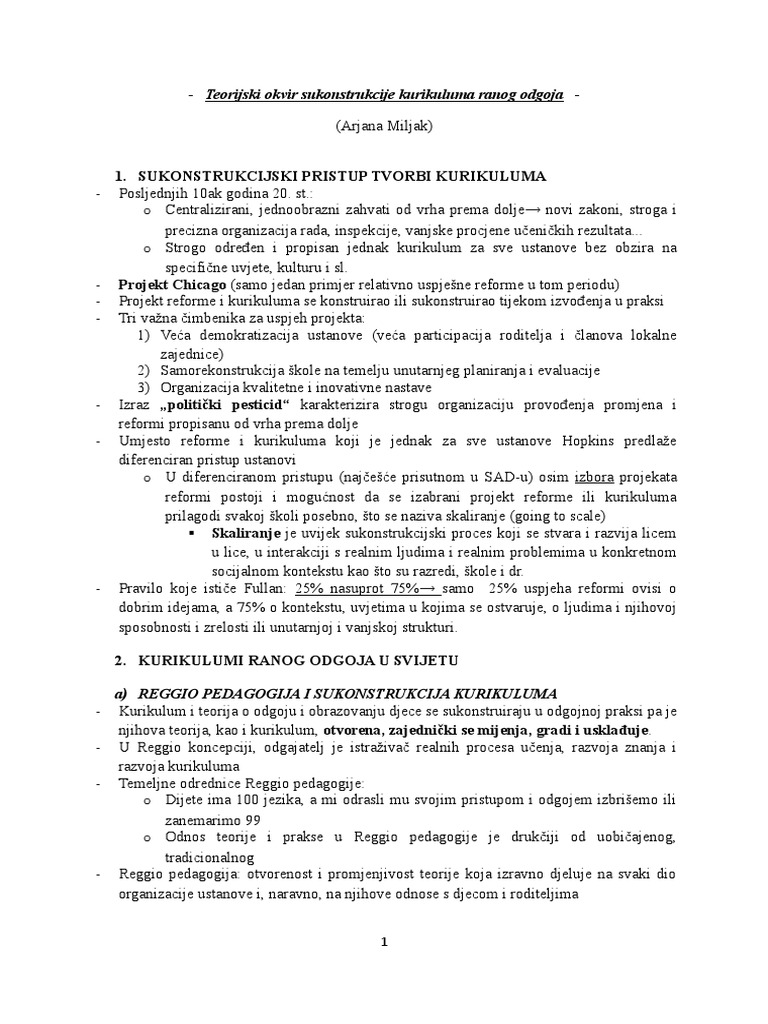 Miljak A. - Teorijski Okvir Sukonstrukcije Kurikuluma Ranog Odgoja | PDF