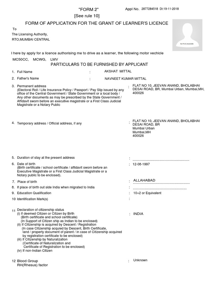 "FORM 2" (See Rule 10) Form of Application For The Grant of Learner'S Licence | PDF | Driver's ...