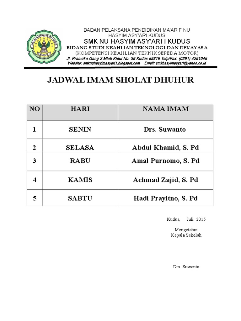 Jadwal Imam Sholat Dhuhur | PDF