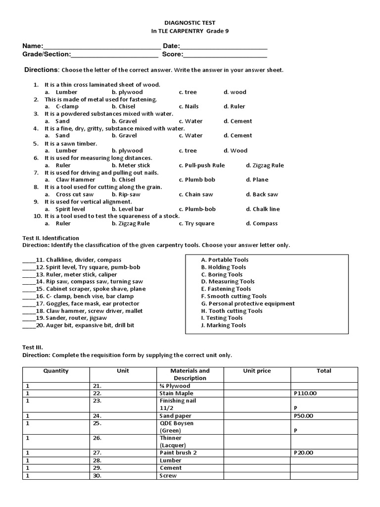Diagnostic Test Carpentry | PDF | Lumber | Wood