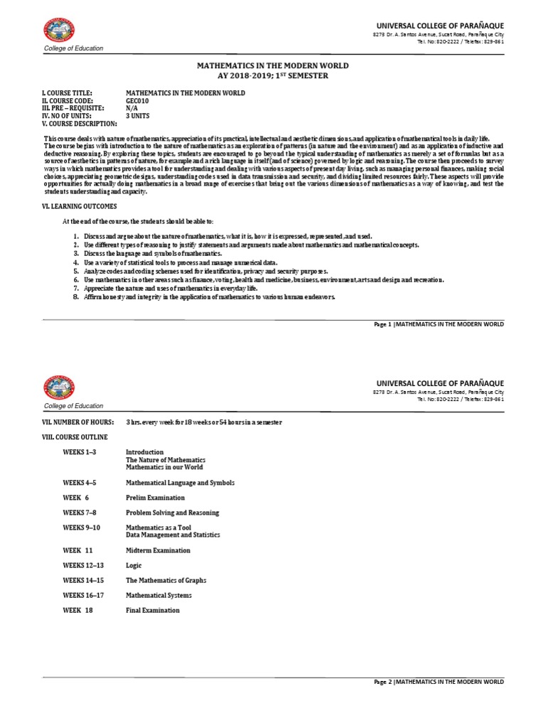 Syllabus - Mathematics in The Modern World | PDF | Teaching Mathematics ...