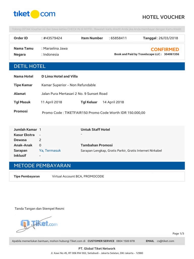 Tiket - Order #65858411 Hotel PDF | PDF