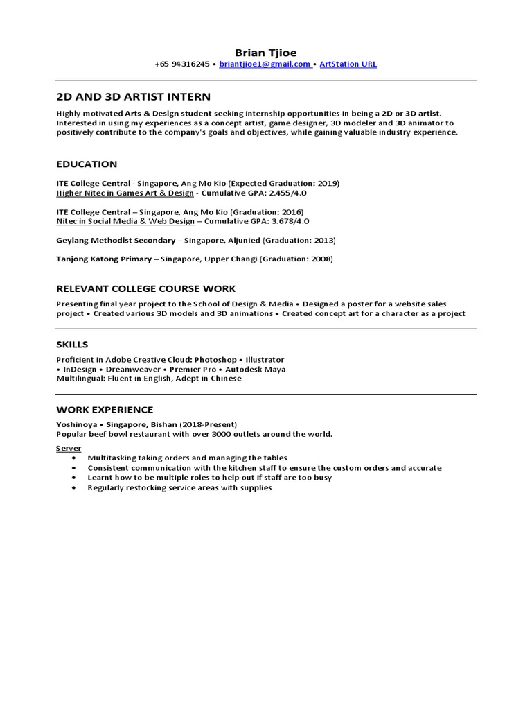 2D/3D Artist Internship Resume | PDF