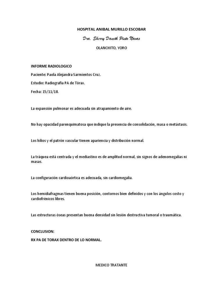 Modelo de Un Informe Radiológico de Una RX Pa de Torax Normal | PDF