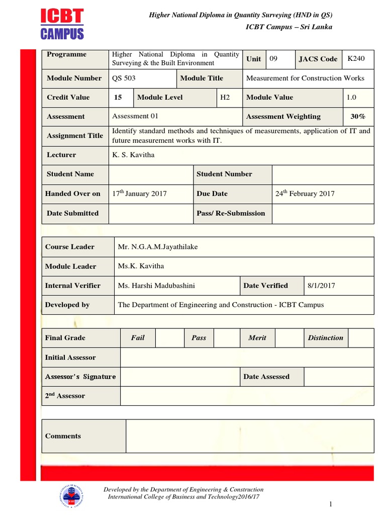 QS 503 - Assessment - MCW | PDF | Measurement | Engineering