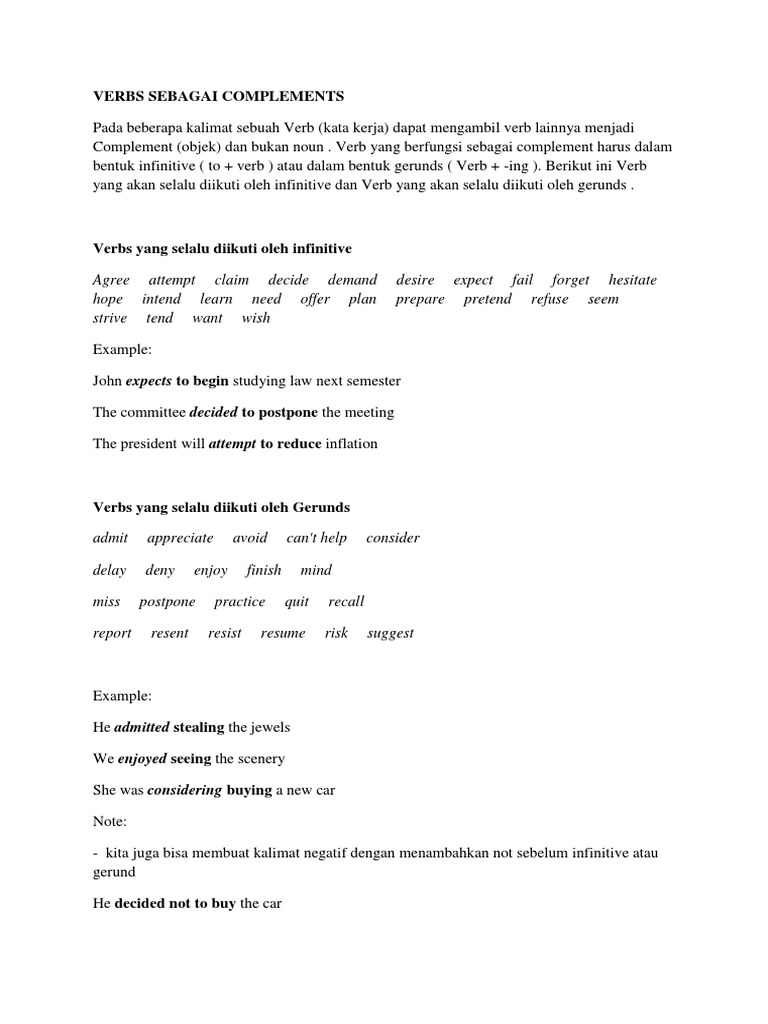 Verbs Sebagai Complement | PDF | Verb | Preposition And Postposition