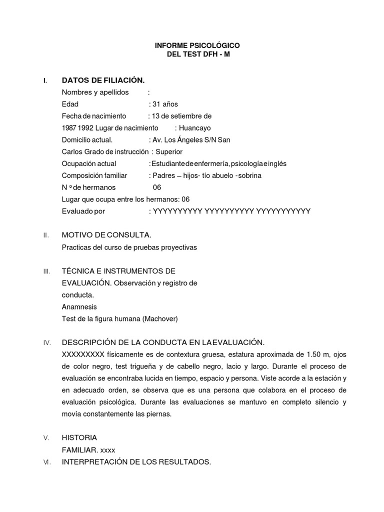 Ejemplo Informe Psicológico DFH | PDF | Las emociones | Ansiedad